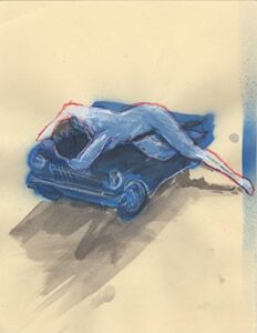 sleeping on a blue car