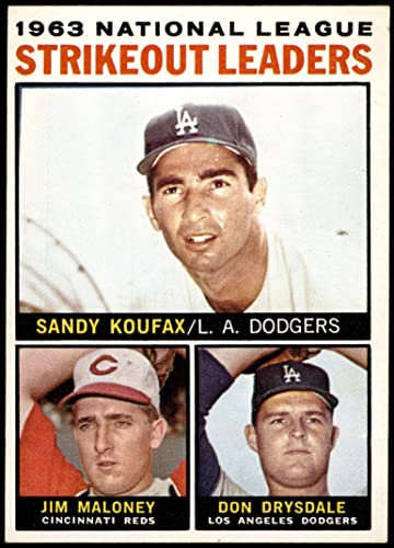 1964 Topps # 5 NL Strikeout Leaders Sandy Koufax / Jim Maloney / Don Drysdale Dodgers / Reds (Baseball Card) Dean's Cards 5 - EX Dodgers / Reds