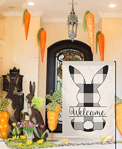 Welcome Easter Bunny Spring Small Garden Flag Farmhouse Vertical Double Sided Burlap Yard Outdoor Decor Black 12.5 x 18 Inches (110756)