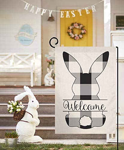 Welcome Easter Bunny Spring Small Garden Flag Farmhouse Vertical Double Sided Burlap Yard Outdoor Decor Black 12.5 x 18 Inches (110756)