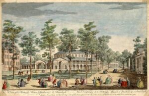 a view of the rotunda house & gardens, c. at ranelagh: vⁿe de l’exterieur de la rotonde, maison, jardins, c. a ranelagh