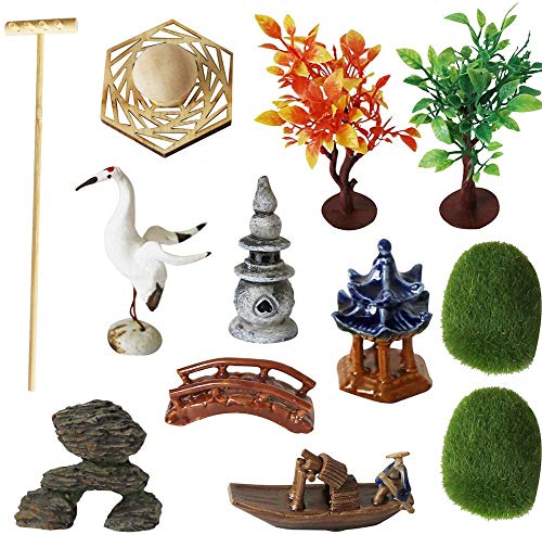 Japanese Zen Garden Accessories Kit - Japan Miniature Fairy Garden Set for Micro Landscape Terrarium Decoration Tabletop Meditation Rock Zen Gifts Zen Tool Rake Pagoda Stamp Bonsai Tress