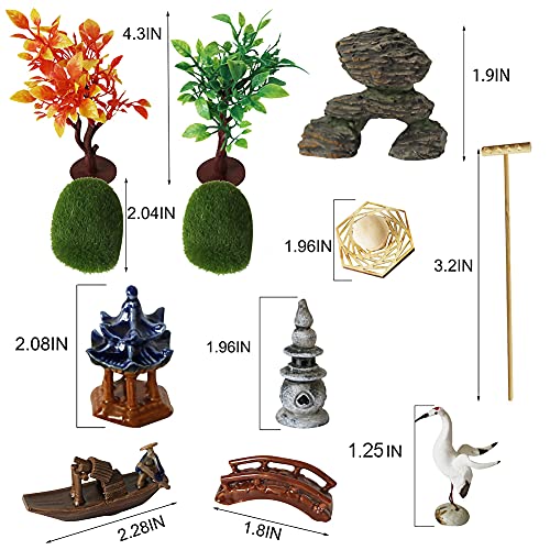 Japanese Zen Garden Accessories Kit - Japan Miniature Fairy Garden Set for Micro Landscape Terrarium Decoration Tabletop Meditation Rock Zen Gifts Zen Tool Rake Pagoda Stamp Bonsai Tress