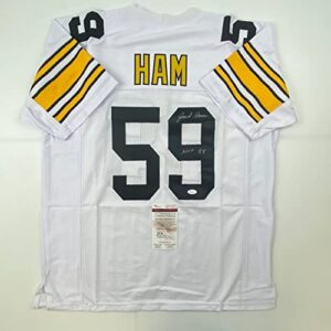 autographed/signed jack ham hof 88 pittsburgh white football jersey jsa coa