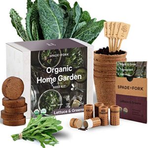 organic indoor lettuce & greens garden starter kit – certified usda organic non gmo – includes spinach, kale, red romaine, loose leaf lettuce seeds for planting, potting soil, peat pots