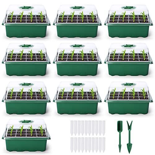 Delxo 10-Pack Seed Starter Kit Seedling Starter Tray (12 Cells per Tray) Humidity Adjustable Plant Germination Kit Garden Seed Starting Tray with Dome and Green Base Plus Plant Tags Hand Tool Kit