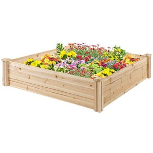 outsunny 4ft x 4ft raised garden bed, wooden planter box with segmented growing grid for plants & herbs, natural wood