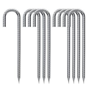 rebar stakes j hook extra heavy duty,【12 inch long enough】1/4 inch rust proof coated steel ground stakes ground anchors, garden stake metal stakes tent stakes trampoline anchors with chisel point end