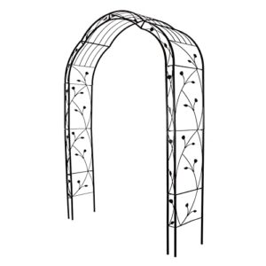 peach tree 2 sides outdoor metal garden arbor 8’10″h x 4’11″w black trellis various archway flowers climbing plant lawn backyard