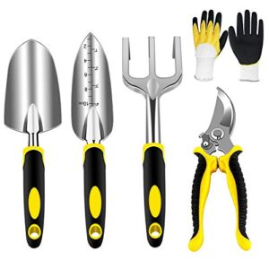 agaky garden tool set 5 piece aluminum gardening tools kit with gloves, pruning shear, rake, shovel & trowel heavy duty indoor and outdoor hand planting kit gardening gifts for women & men, yellow