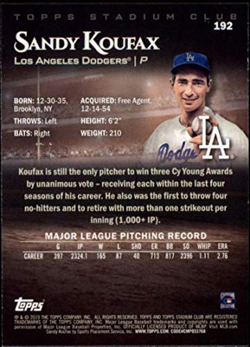 2019 Stadium Club Baseball #192 Sandy Koufax Los Angeles Dodgers Official Topps MLB Trading Card