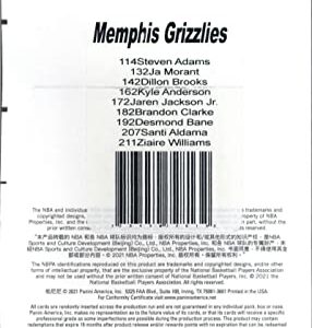 2021-22 Panini Hoops Memphis Grizzlies Factory Team Set of 9 Cards: Steven Adams(#114), Ja Morant(#132), Dillon Brooks(#142), Kyle Anderson(#162), Jaren Jackson Jr.(#172), Brandon Clarke(#182), Desmond Bane(#192); Santi Aldama (#207), Ziaire Williams (#21