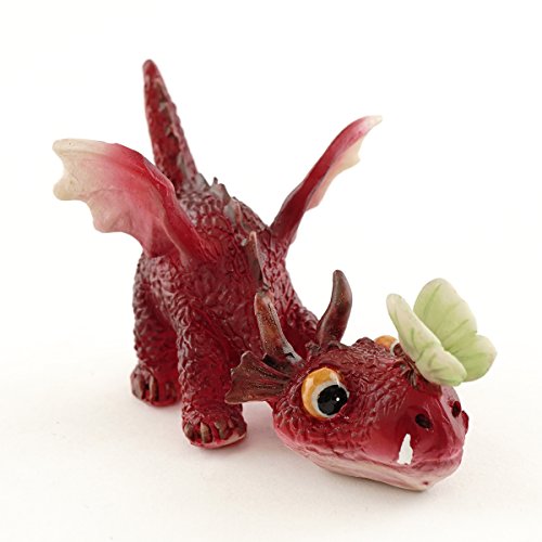 Top Collection Miniature Fairy Garden and Terrarium Mini Red Dragon Playing with Butterfly Figurine