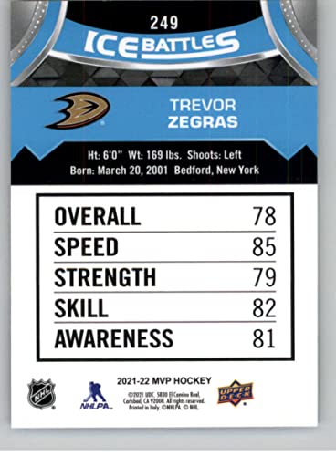 2021-22 Upper Deck MVP Ice Battles #IB-249 Trevor Zegras RC Rookie Card Anaheim Ducks Official NHL Hockey Card in Raw (NM or Better) Condition