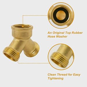 SUNGATOR 3/4 Inch No Lead Brass 2 Way Y Valve Garden Hose Connector 2-Pack Male Hose Thread Splitter Adapters with Extra 4 Rubber Hose Washers + 1 Sealing Tape