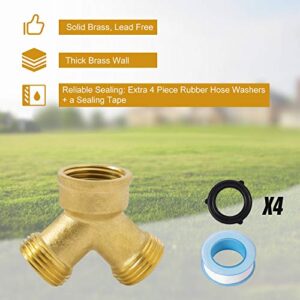 SUNGATOR 3/4 Inch No Lead Brass 2 Way Y Valve Garden Hose Connector 2-Pack Male Hose Thread Splitter Adapters with Extra 4 Rubber Hose Washers + 1 Sealing Tape