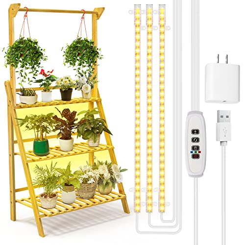 Bamboo Plant Stand with Grow Lights Multiple Flower Ladder Planter Pot Holder Hanging Plant Shelf Rack Display Organizer for Indoor Outdoor Patio Garden Corner Balcony Living Room Tall 3Tier 12 Potted