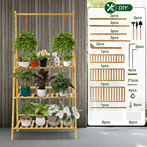 Bamboo Plant Stand with Grow Lights Multiple Flower Ladder Planter Pot Holder Hanging Plant Shelf Rack Display Organizer for Indoor Outdoor Patio Garden Corner Balcony Living Room Tall 3Tier 12 Potted