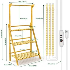 Bamboo Plant Stand with Grow Lights Multiple Flower Ladder Planter Pot Holder Hanging Plant Shelf Rack Display Organizer for Indoor Outdoor Patio Garden Corner Balcony Living Room Tall 3Tier 12 Potted