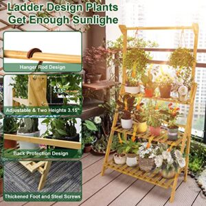 Bamboo Plant Stand with Grow Lights Multiple Flower Ladder Planter Pot Holder Hanging Plant Shelf Rack Display Organizer for Indoor Outdoor Patio Garden Corner Balcony Living Room Tall 3Tier 12 Potted