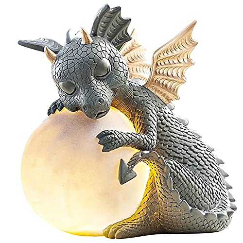 G Ganen Garden Dragon Statue, Resin Dinosaur Outdoor Sculptures - Cute Garden Dragon Figurines with LED Lights for Home Decor, Patio Lawn Yard Decor