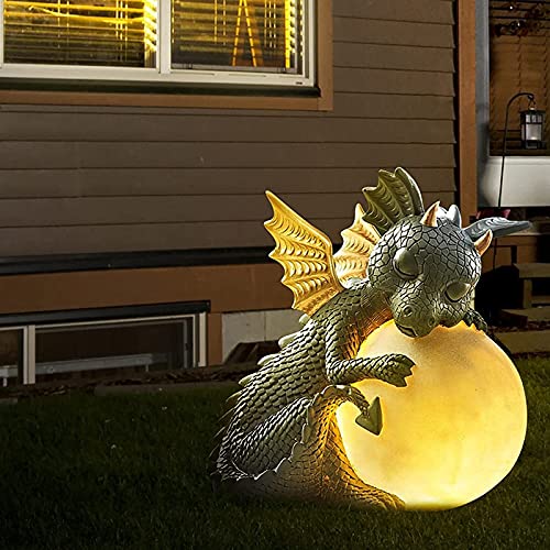 G Ganen Garden Dragon Statue, Resin Dinosaur Outdoor Sculptures - Cute Garden Dragon Figurines with LED Lights for Home Decor, Patio Lawn Yard Decor