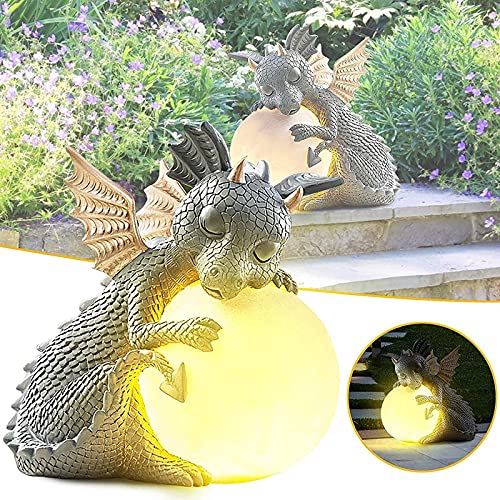 G Ganen Garden Dragon Statue, Resin Dinosaur Outdoor Sculptures - Cute Garden Dragon Figurines with LED Lights for Home Decor, Patio Lawn Yard Decor