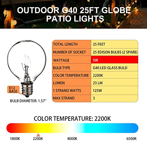 NICONIK Patio String Light 25FT, 25 Bulbs(2 Spare) /5W & 2FT Extended Plug Cord, IP44 Waterproof Glass Edison Globe Outdoor Lights, Connectable Hanging Garden Light for Backyard Balcony Party Décor