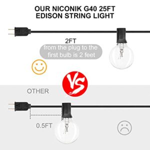 NICONIK Patio String Light 25FT, 25 Bulbs(2 Spare) /5W & 2FT Extended Plug Cord, IP44 Waterproof Glass Edison Globe Outdoor Lights, Connectable Hanging Garden Light for Backyard Balcony Party Décor