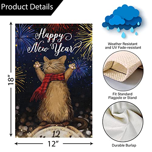 Happy New Year Cat Garden Flag 12x18 Double Sided Vertical, Burlap Small Celebration Fireworks Clock Welcome New Year Eve Yard Flag Sign (ONLY FLAG)