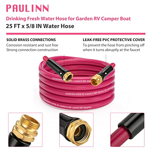 PAULINN RV Camper Garden Water Hose 5/8 in 25 FT | Drinking Fresh Water Hose for Garden RV Camper Boats Water Hose | Food Grade, Phthalate, BPA Free | No Kink and Flexible Garden Water Hose