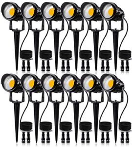 sunvie 12w low voltage led landscape lights with connectors, outdoor 12v super warm white (900lm) waterproof garden pathway lights wall tree flag spotlights with spike stand (12 pack with connector)