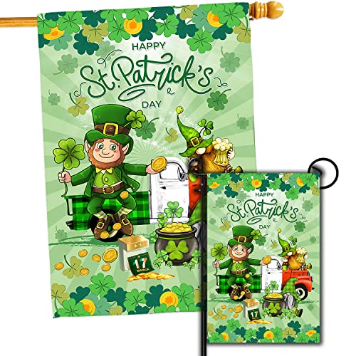 Q-Leo St Patricks Day Flag, Set 2 House Flag 28 x 40 and Garden Flag 12x18 Double Side, St. Patrick's Day Flags with Leprechaun Gnomes Shamrock Clover Green Hat Welcome Signs for Outdoor Decor