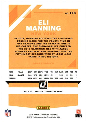 2019 Donruss Football #178 Eli Manning New York Giants Official NFL Trading Card From Panini America