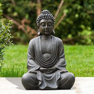 goodeco 11.4″ meditating buddha statue home decor – meditation gifts for room/garden/patio/deck/porch yard art decoration,buda statues with natural wood beaded necklace,antique bronze look