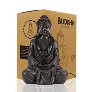 Goodeco 11.4" Meditating Buddha Statue Home Decor - Meditation Gifts for Room/Garden/Patio/Deck/Porch Yard Art Decoration,Buda Statues with Natural Wood Beaded Necklace,Antique Bronze Look