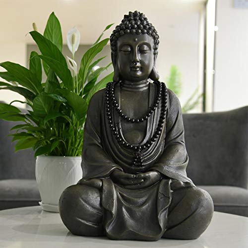 Goodeco 11.4" Meditating Buddha Statue Home Decor - Meditation Gifts for Room/Garden/Patio/Deck/Porch Yard Art Decoration,Buda Statues with Natural Wood Beaded Necklace,Antique Bronze Look