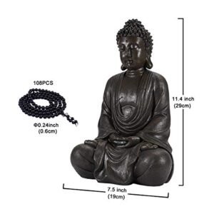 Goodeco 11.4" Meditating Buddha Statue Home Decor - Meditation Gifts for Room/Garden/Patio/Deck/Porch Yard Art Decoration,Buda Statues with Natural Wood Beaded Necklace,Antique Bronze Look