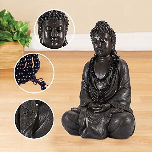 Goodeco 11.4" Meditating Buddha Statue Home Decor - Meditation Gifts for Room/Garden/Patio/Deck/Porch Yard Art Decoration,Buda Statues with Natural Wood Beaded Necklace,Antique Bronze Look