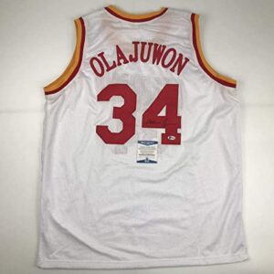 autographed/signed hakeem olajuwon houston white basketball jersey beckett bas coa