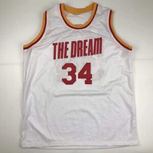 Autographed/Signed Hakeem Olajuwon Houston White Basketball Jersey Beckett BAS COA