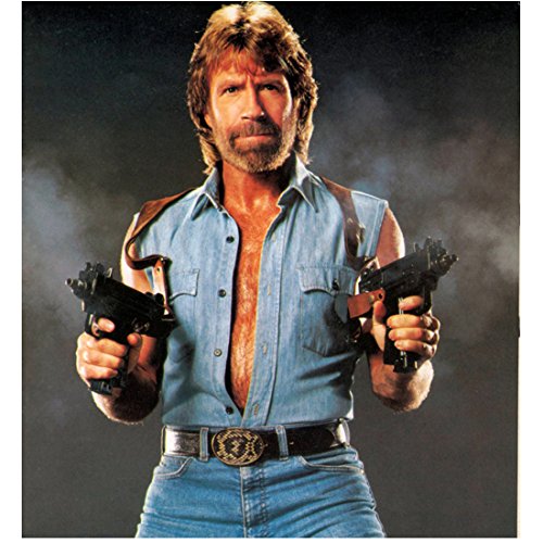 Chuck Norris 8 Inch x 10 Inch Photograph Walker, Texas Ranger The Delta Force The Way of the Dragon Unbuttoned Shirt Gun in Each Hand kn