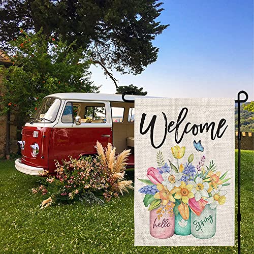 CROWNED BEAUTY Spring Garden Flag Floral Mason Jar 12×18 Inch Double Sided for Outside Vertical Holiday Seasonal Welcome Yard Flag