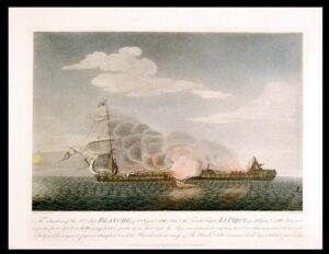 the situation of his mtys. ship blanche, of 32 guns & 180 men, & the french frigate la pique, of 40 guns & 400 men, at a quarter past 5 o’clock in the morning, about a quarter of an hour before the pique surrendered, having been towed in that way near 3 h