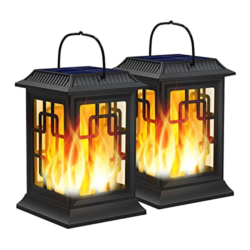 Woenergy Solar Lanterns Outdoor, Waterproof Solar Hanging Lanterns, Flickering Solar Garden Lights Outdoor Lantern, LED Lanterns Lights for Patio Pathway Deck Yard (2 Packs)