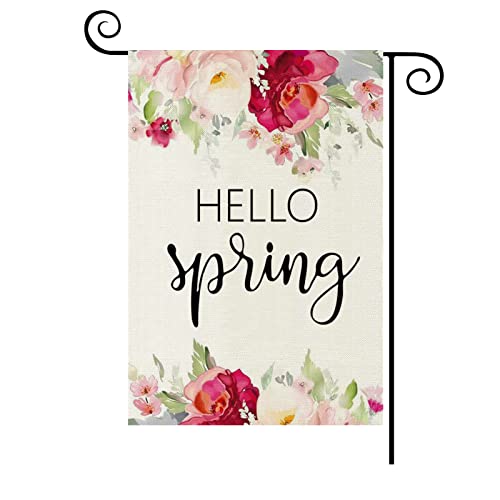 Tosewever Hello Spring Flower Garden Flag 12.5x18 Inch Spring Summer Vertical Double Sided Floral Decor Burlap Yard Flag for Seasonal Holiday Outdoor Farmhouse Decorations (12.5x18 inch)