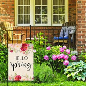 Tosewever Hello Spring Flower Garden Flag 12.5x18 Inch Spring Summer Vertical Double Sided Floral Decor Burlap Yard Flag for Seasonal Holiday Outdoor Farmhouse Decorations (12.5x18 inch)