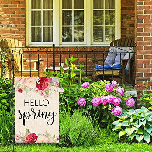 Tosewever Hello Spring Flower Garden Flag 12.5x18 Inch Spring Summer Vertical Double Sided Floral Decor Burlap Yard Flag for Seasonal Holiday Outdoor Farmhouse Decorations (12.5x18 inch)