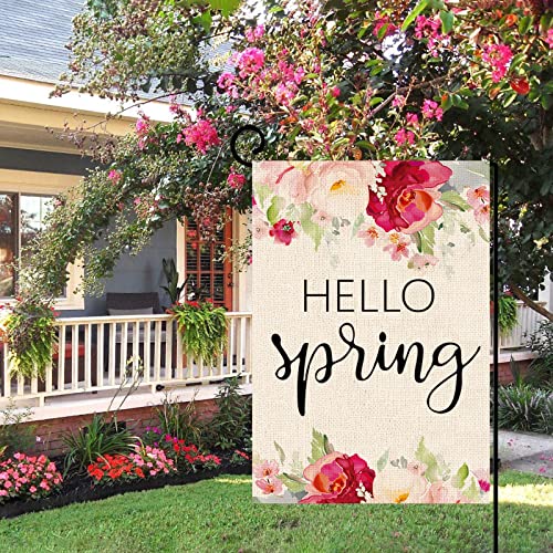 Tosewever Hello Spring Flower Garden Flag 12.5x18 Inch Spring Summer Vertical Double Sided Floral Decor Burlap Yard Flag for Seasonal Holiday Outdoor Farmhouse Decorations (12.5x18 inch)