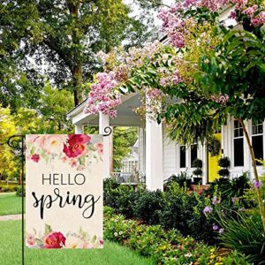 Tosewever Hello Spring Flower Garden Flag 12.5x18 Inch Spring Summer Vertical Double Sided Floral Decor Burlap Yard Flag for Seasonal Holiday Outdoor Farmhouse Decorations (12.5x18 inch)